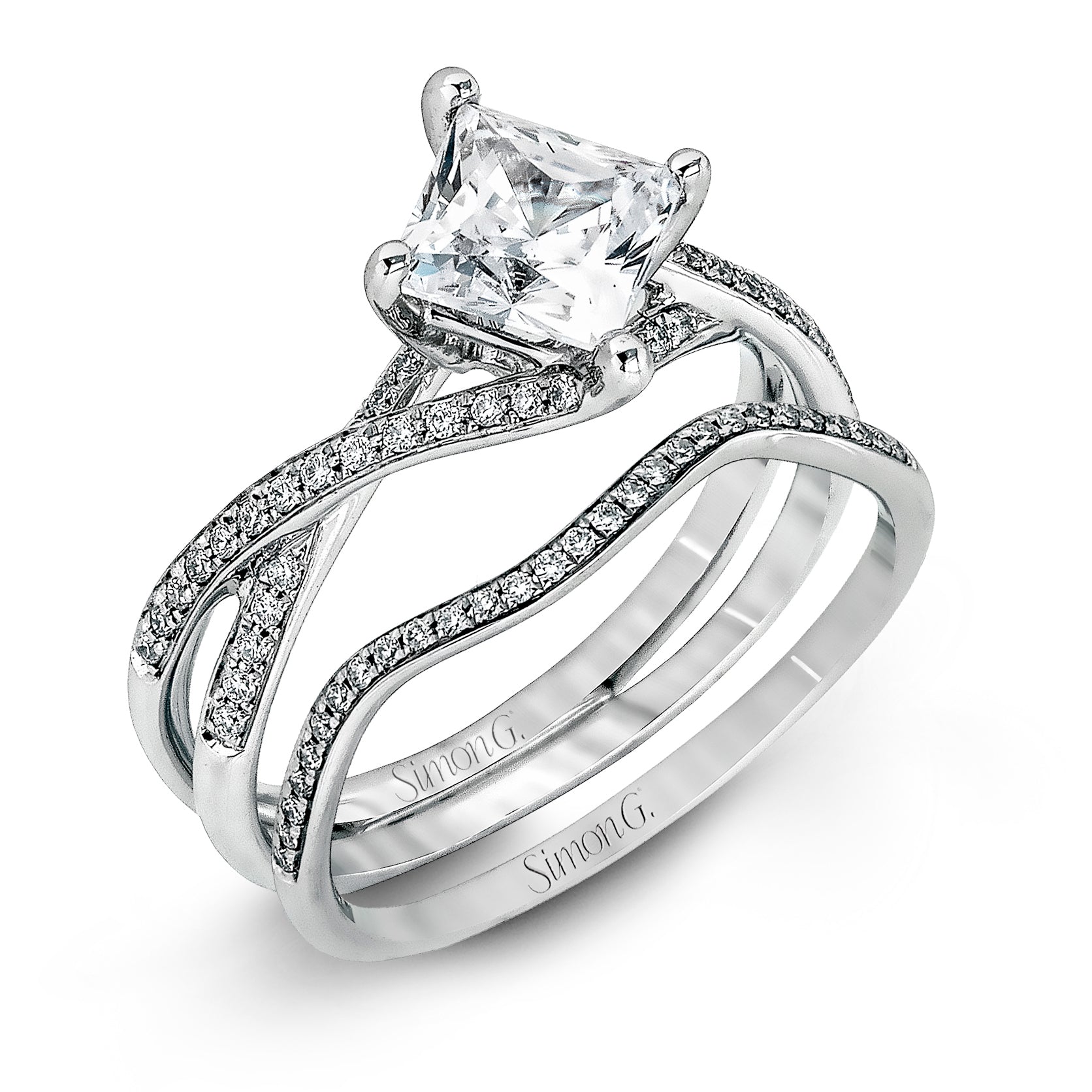 Princess-cut Criss-cross Engagement Ring & Matching Wedding Band in 18 ...