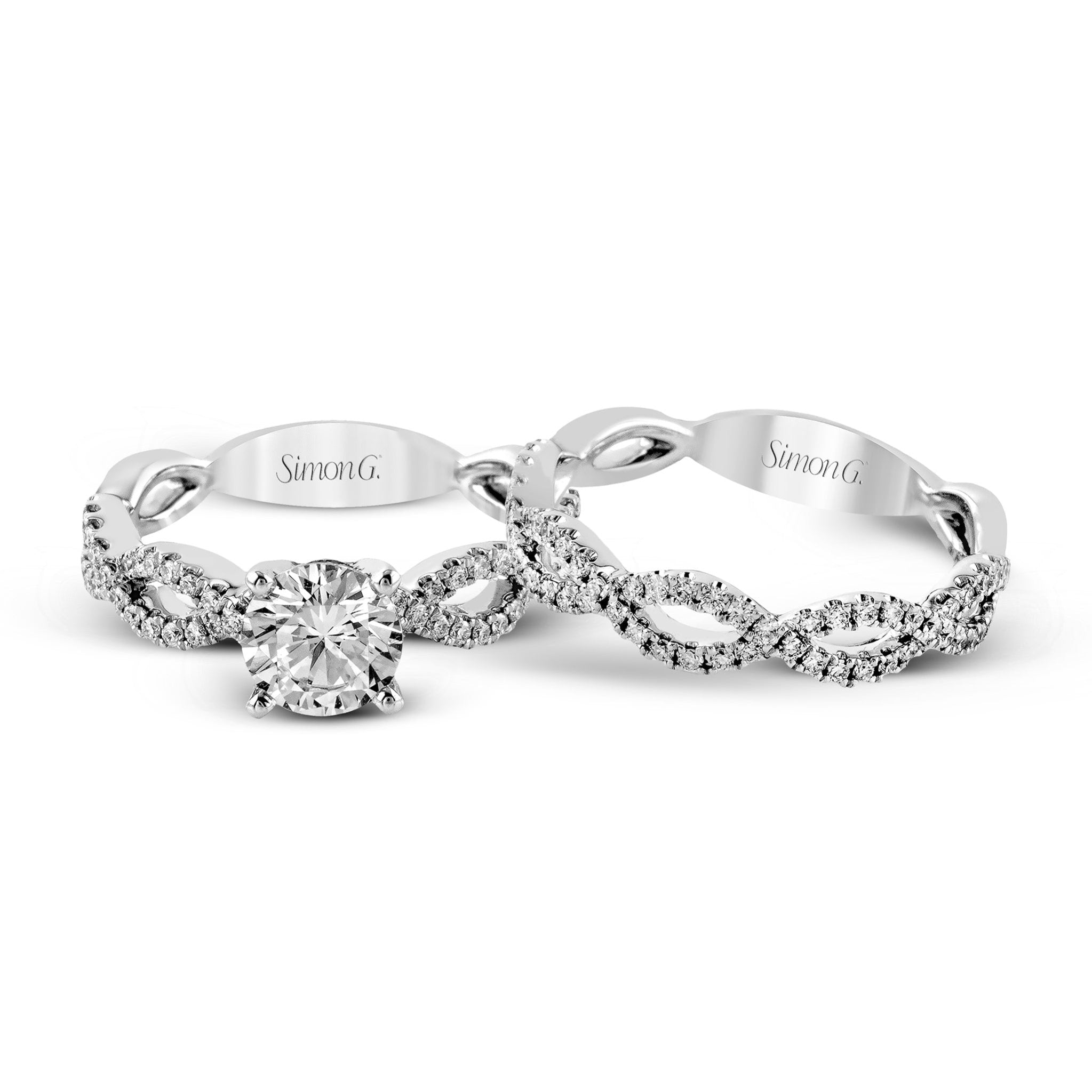 Round-cut Criss-cross Engagement Ring & Matching Wedding Band in 18K G ...