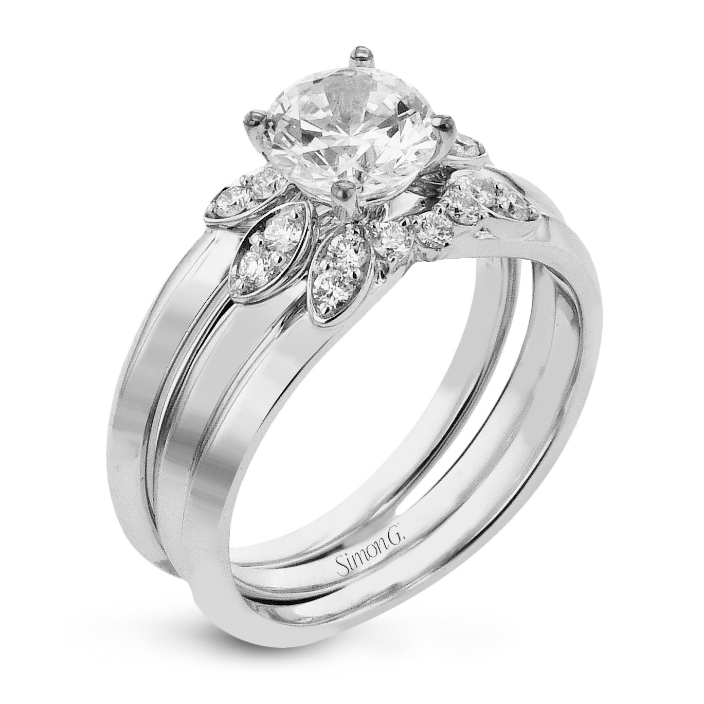 Round-cut Three-Stone Engagement Ring & Matching Wedding Band in 18k G ...